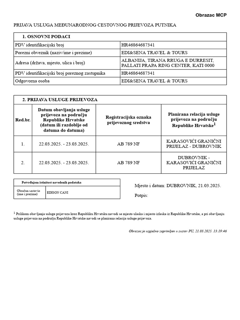 Obrazac MCP: Potvrđujem Istinitost Navedenih Podataka | PDF