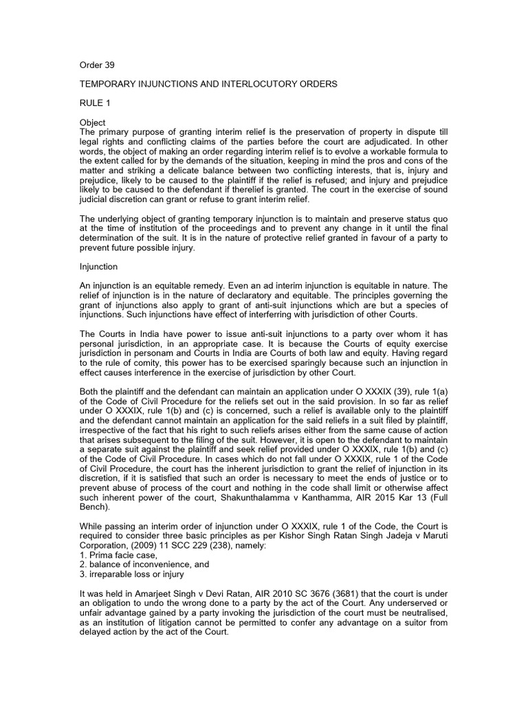 Order 39 Temporary Injuctions & Interlocutory orders | PDF | Legal ...