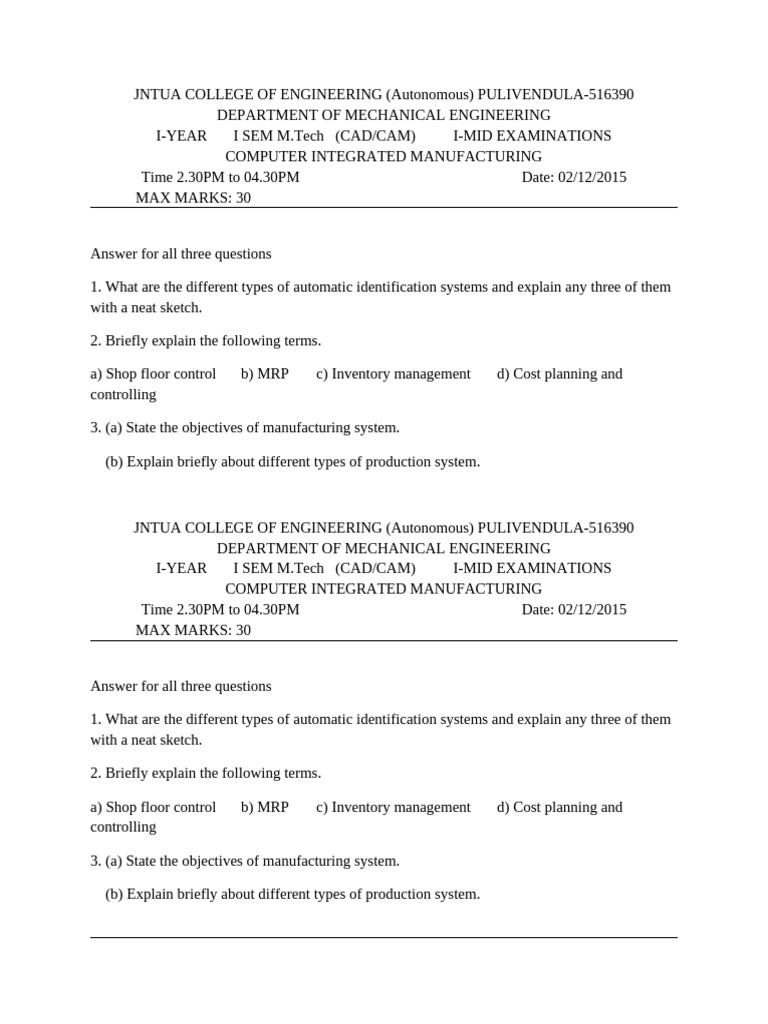 CIM I MID PAPER 2015-16 Batch | PDF