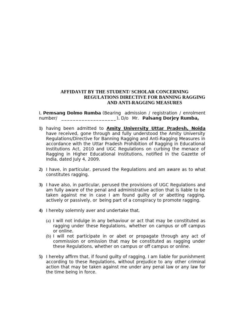 ANTI-RAGGING AFFIDAVIT BY STUDENT FOR REGISTRATION & RE-REGN AY 2024-25 ...