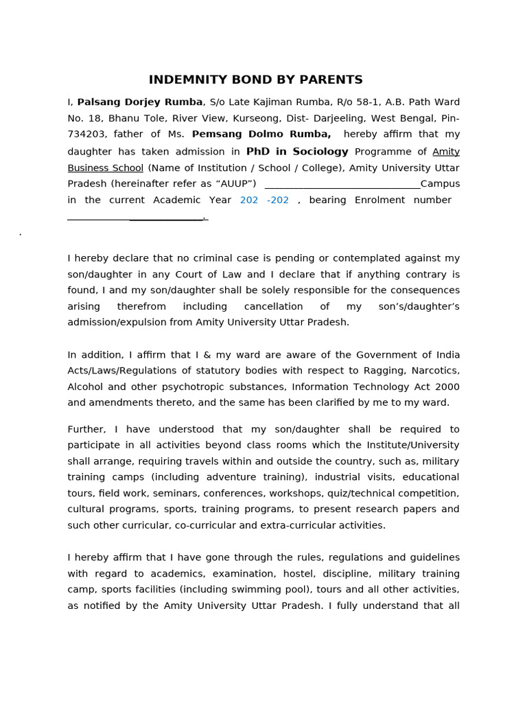 Indemnity Bond 2024-2025 | PDF | Indemnity