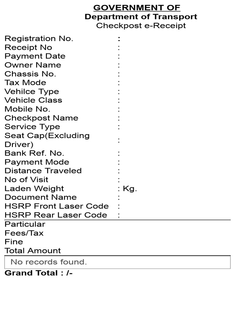 Checkpost e-Receipt for Vehicle Tax | PDF