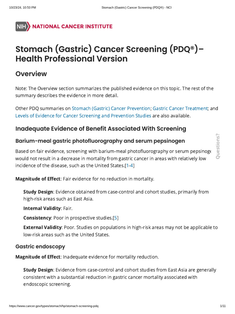 Stomach (Gastric) Cancer Screening (PDQ®) - NCI | PDF | Screening ...