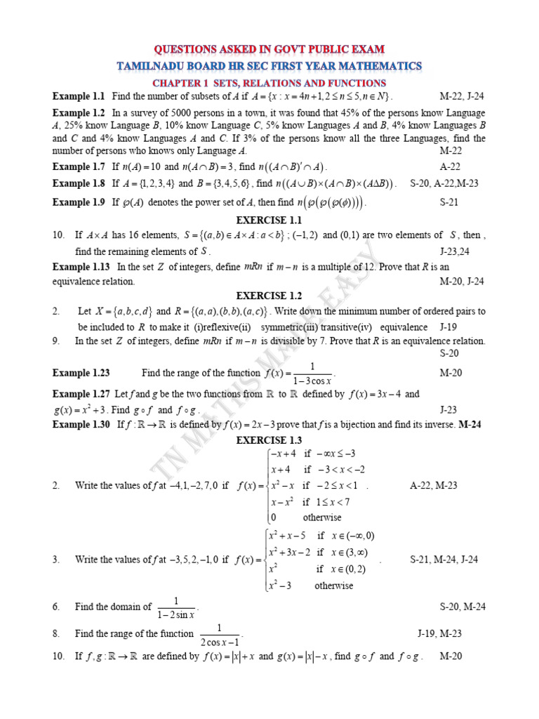 11th Maths Previous Years Govt Exam Questions 2024-25 | PDF | Line (Geometry) | Function ...