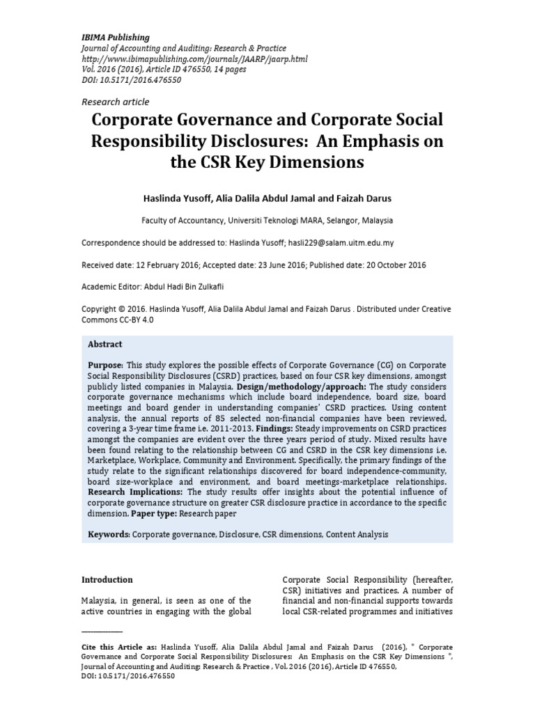 Corporate Governance and Corporate Social Responsibility Disclosures An Emphasis On The CSR Key ...