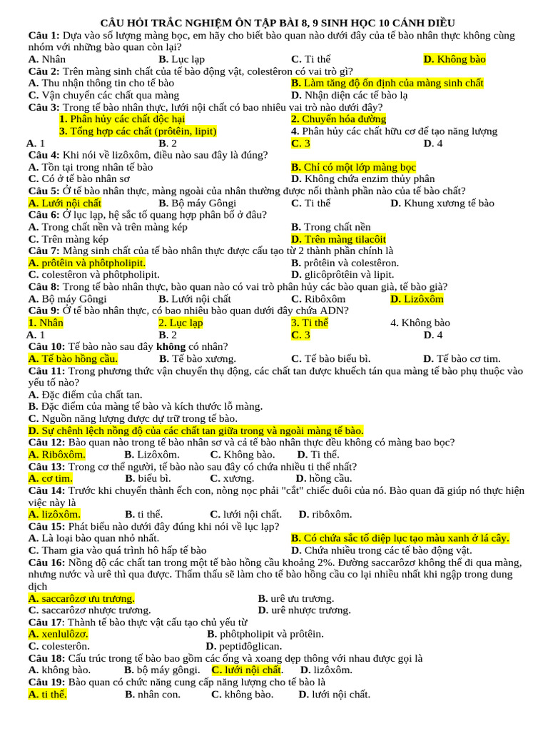 ĐỀ trắc nghiệm KTHK1 B8 và b9 Sinh 10 CD | PDF