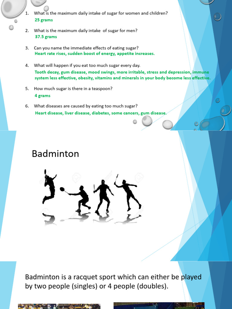 Sugar Intake and Badminton Rules Guide | PDF | Sports