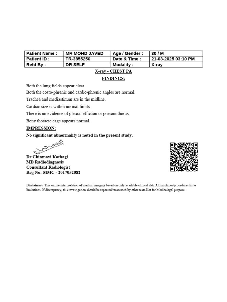Patient Name: MR Mohd Javed Age / Gender: 30 / M Patient ID: TR-3855256 Date & Time: 21-03-2025 ...