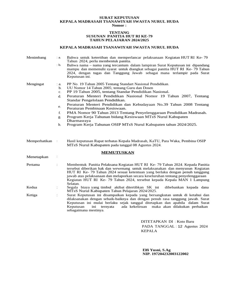 SK Panitia Hut Ri Ke 79 Tahun 2024 | PDF