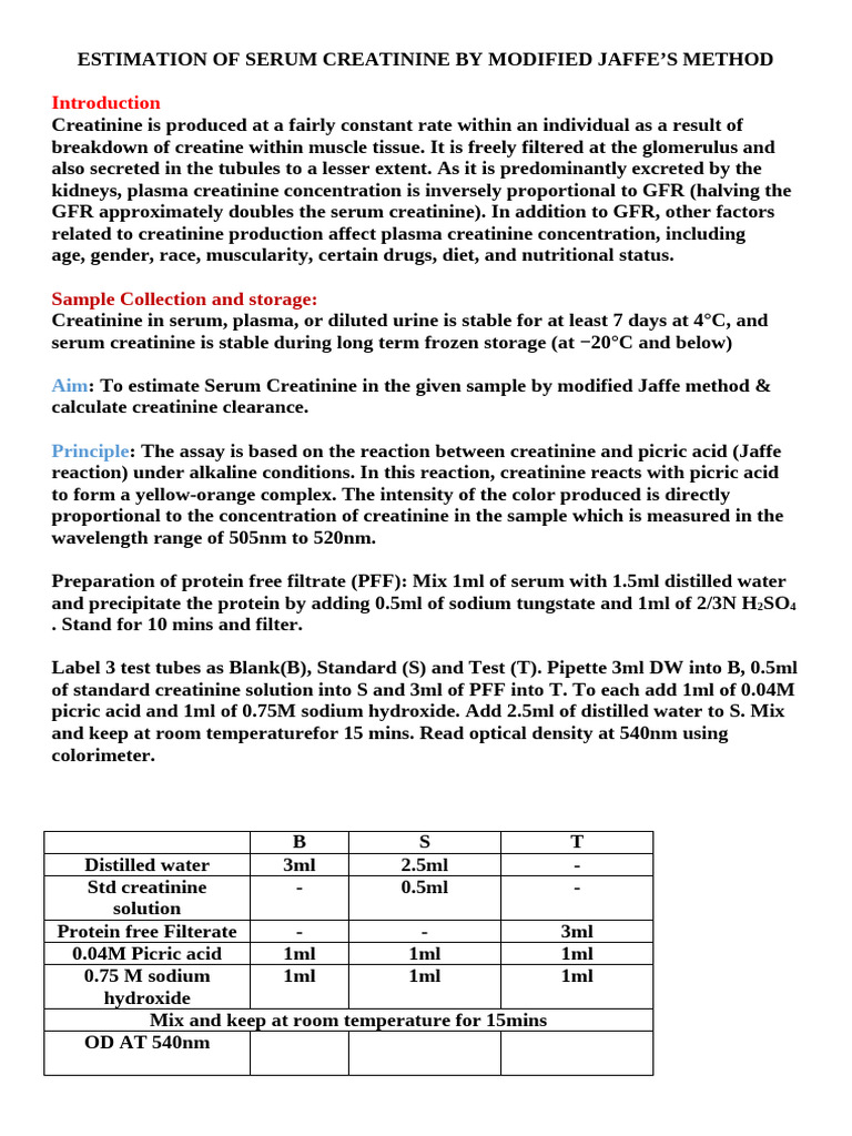 Serum Creatinine by Modified Jaffe | PDF | Creatinine | Chronic Kidney ...