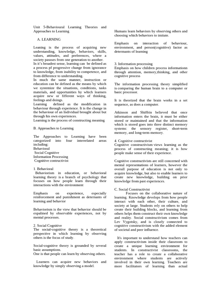 Unit 5 REVIEWER | PDF | Constructivism (Philosophy Of Education) | Classical Conditioning