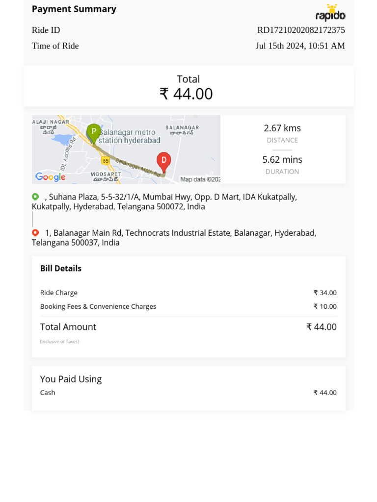Balnagar Metro to MEGHA Infra Rapido Fare on 15-07-24 | PDF | Invoice ...
