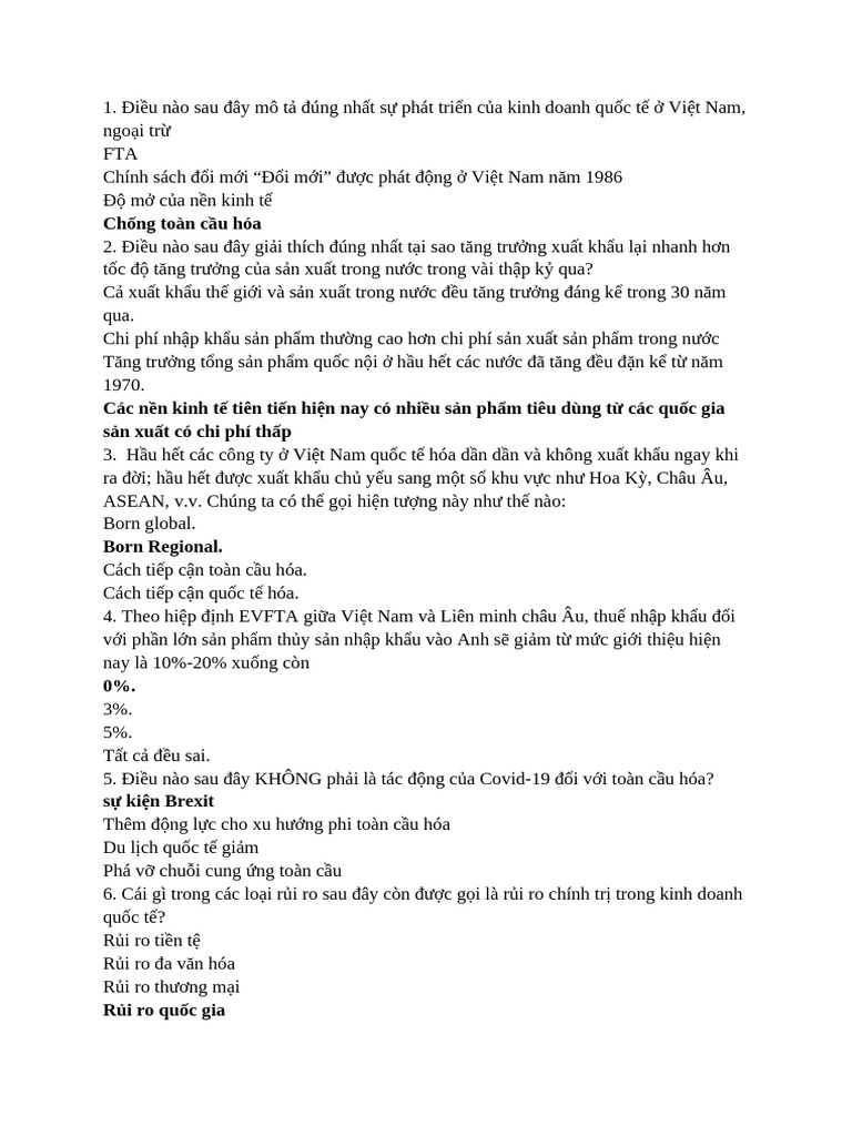 Trắc nghiệm KDQT 3 | PDF