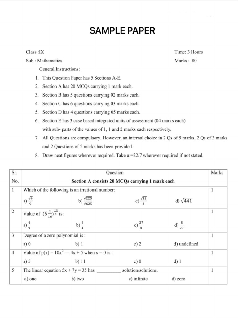 Sample Paper 9th Math 2025 | PDF