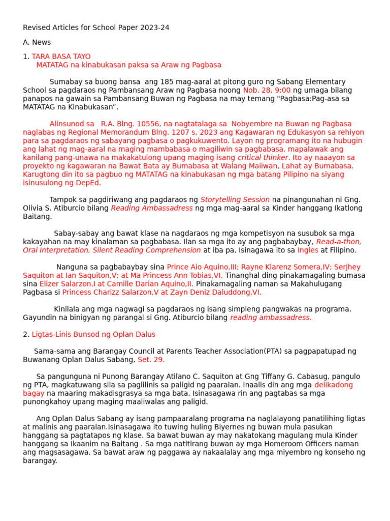 School Paper Articles 2023-24 | PDF