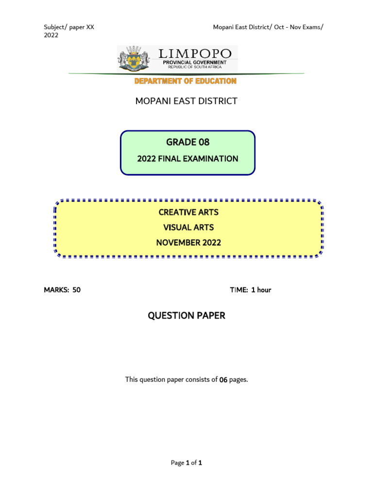 Grade 8, VISUAL ARTS, Question Paper, Final Examination 2022 | PDF ...