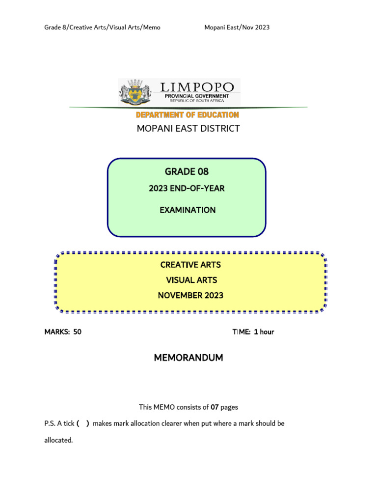 Grade 8, Creative Arts, Visual Arts, Memo, Nov 2023 | PDF | Printmaking ...
