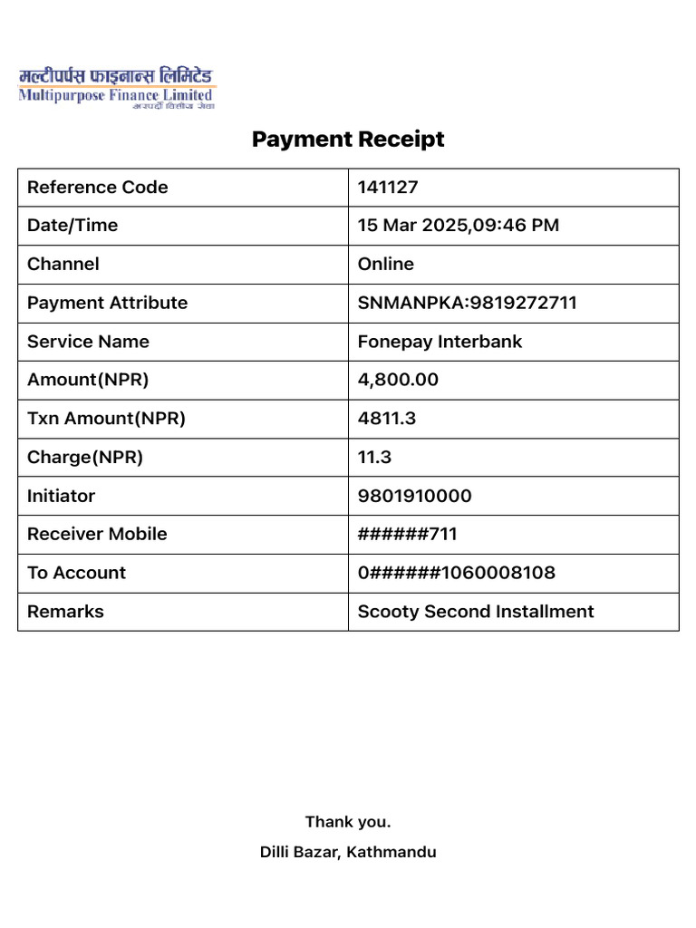 Fonepay Receipt for Scooty Installment | PDF