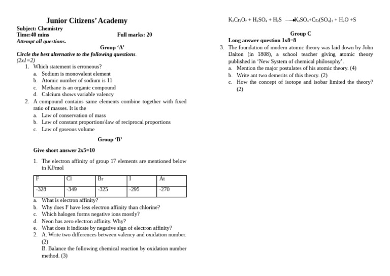 11 - Chemistry Test | PDF