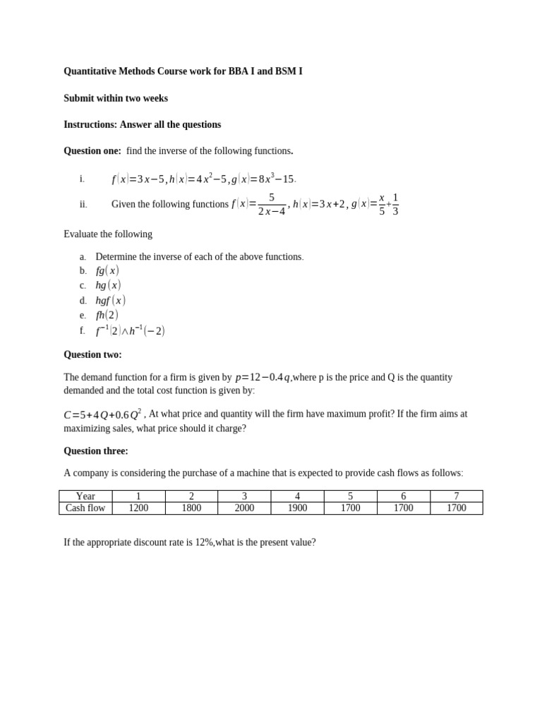 Quantitative Methods Course Work For BBA I and BSM I | PDF