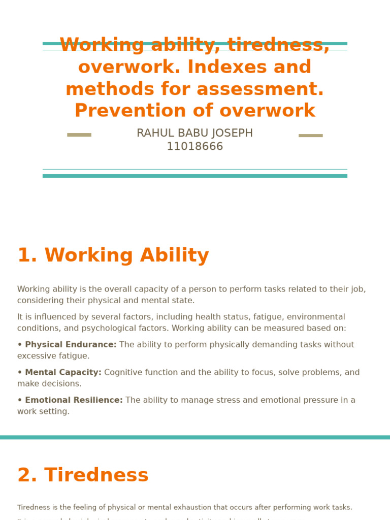 Working Ability, Tiredness, Overwork. Indexes and Methods For ...