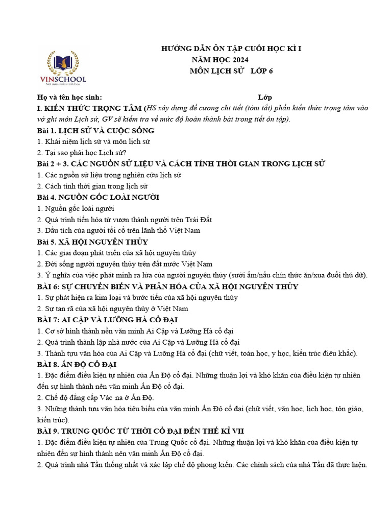 LỊCH SỬ 6 - HDOT CUỐI KÌ I NĂM HỌC 2024 - 2025 | PDF