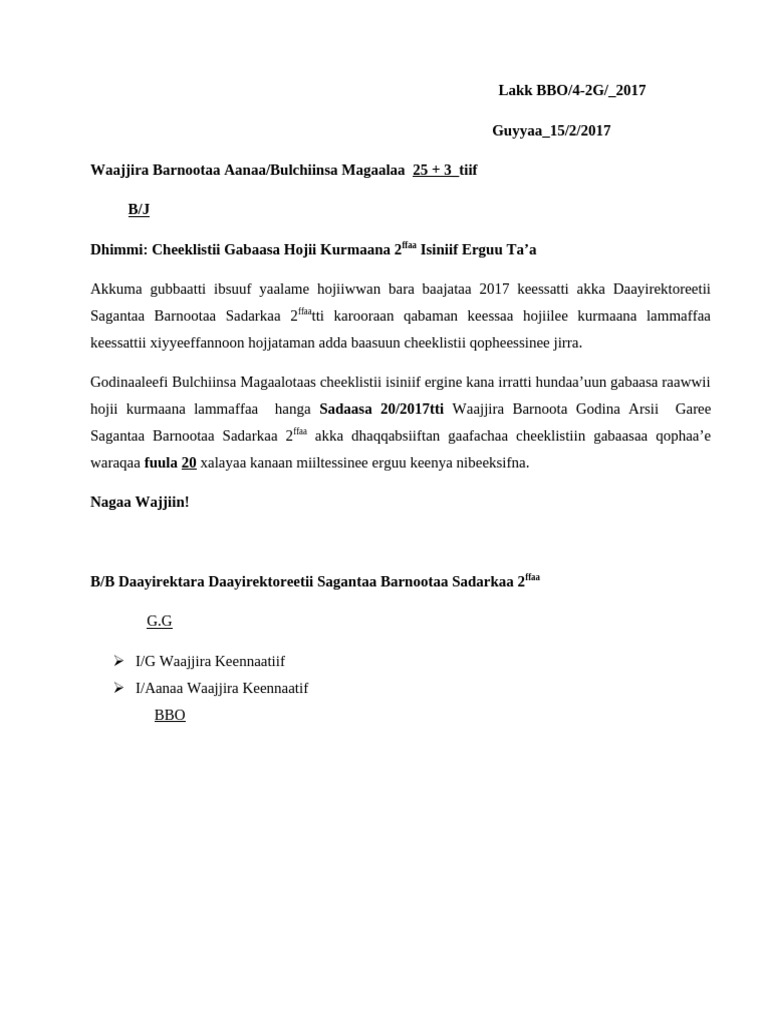 Cheek Listi Kurmaana 2ffaa Sagantaa Barnoota Sad.2ffaa | PDF