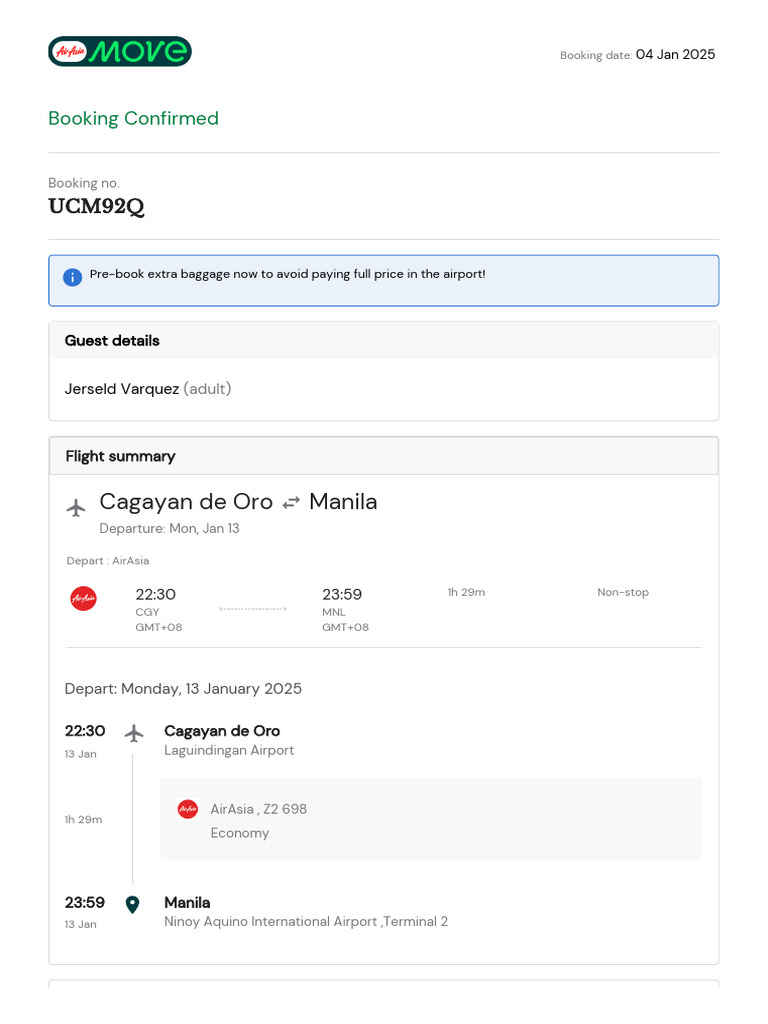 Itinerary CGY MNL 13-01-2025 60525362233 | PDF