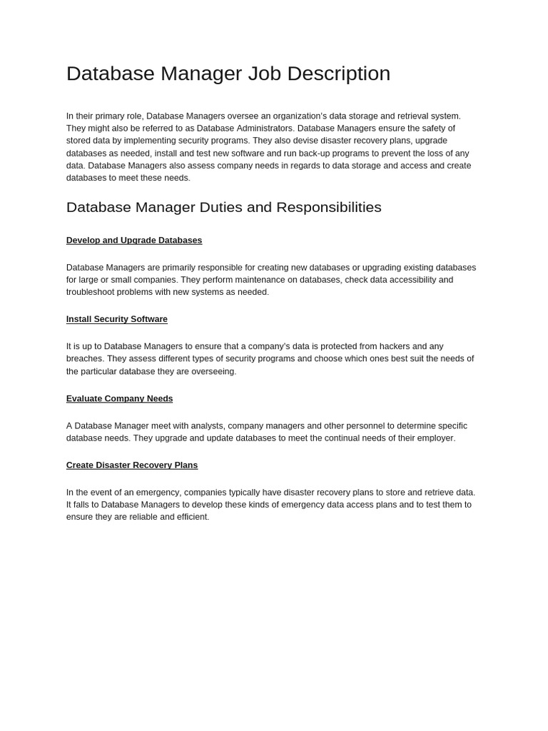 Database Manager Job Description | PDF