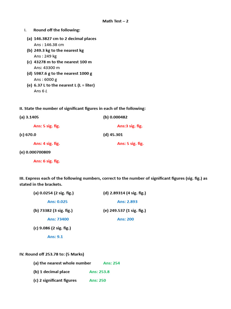 Math Test 2 | PDF | Significant Figures | Arithmetic