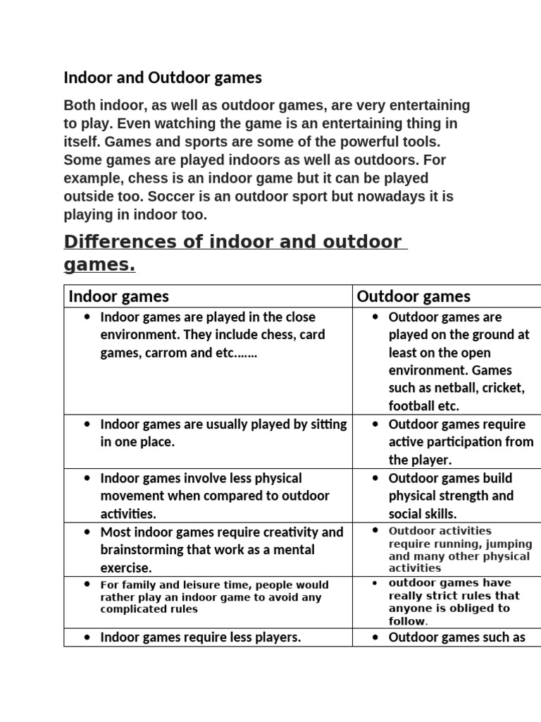 Differences Between Indoor and Outdoor Games | PDF
