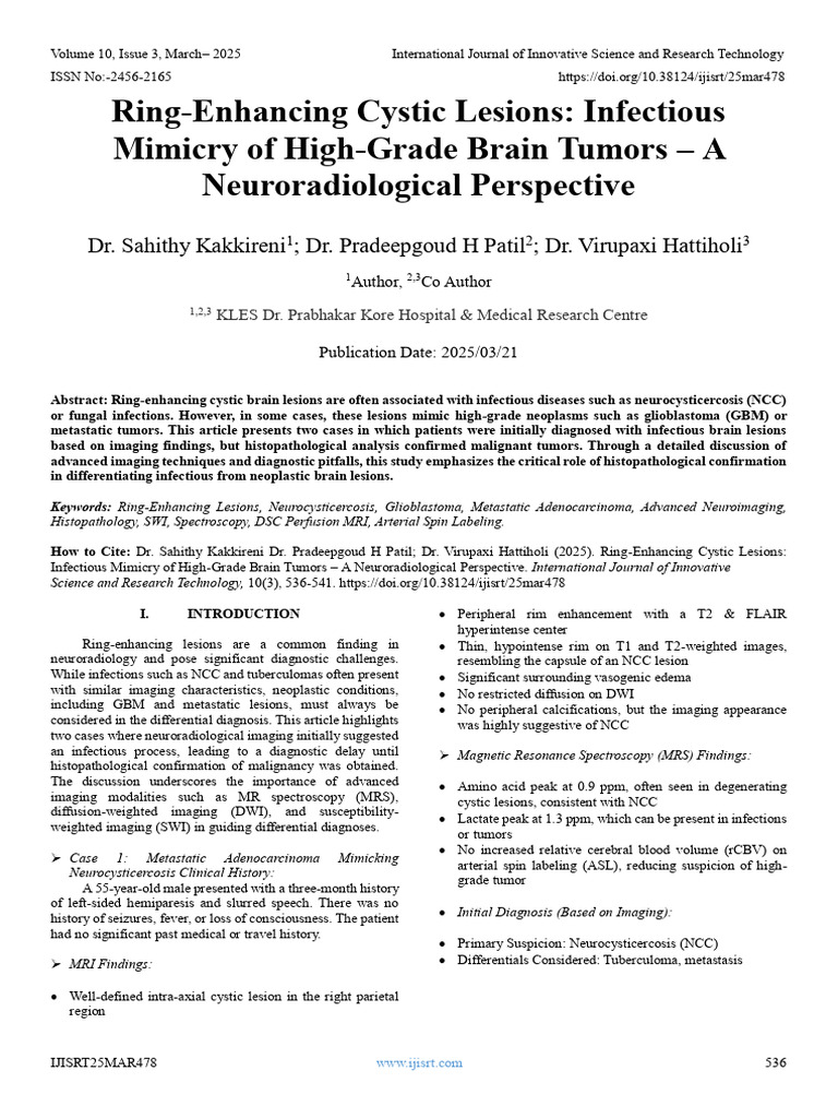 Ring-Enhancing Cystic Lesions: Infectious Mimicry of High-Grade Brain ...