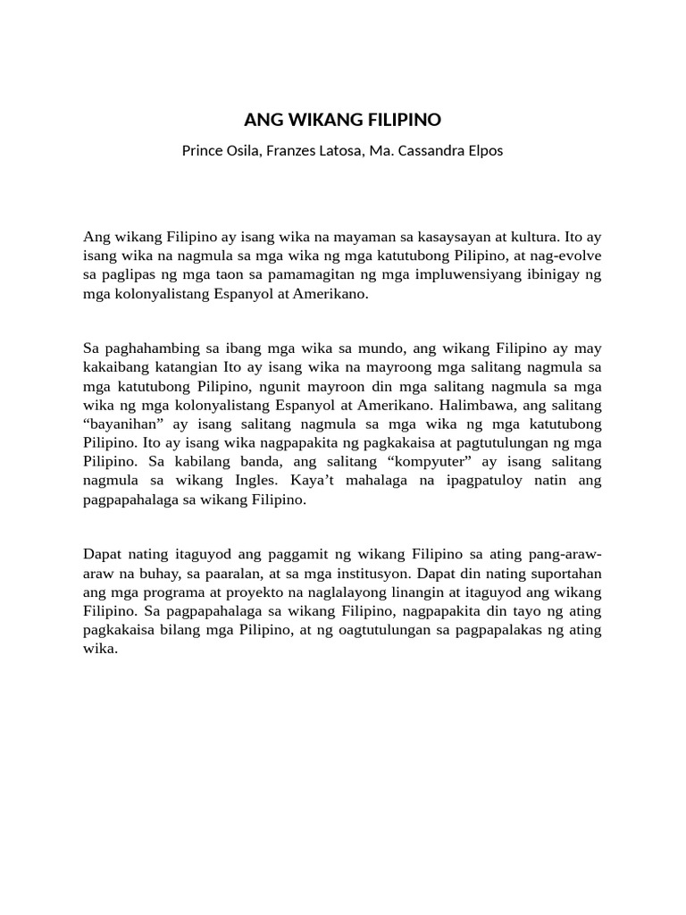 Ang Wikang Filipino | PDF