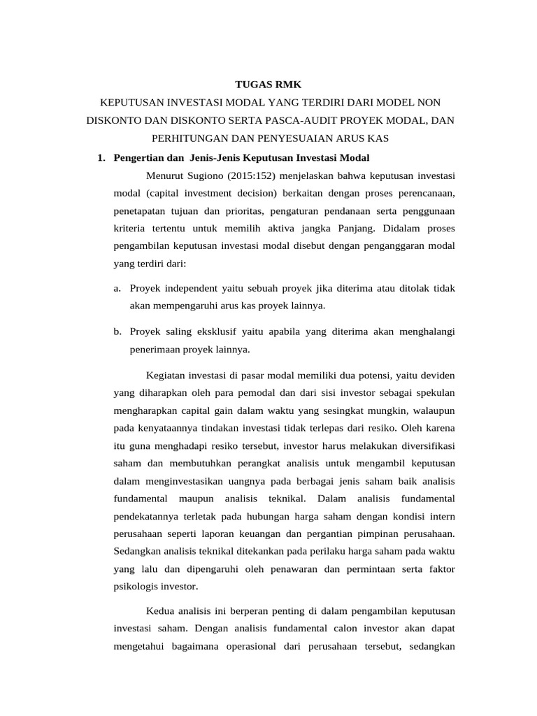 Keputusan Investasi Modal Yang Terdiri Dari Model Non Diskonto Dan Diskonto Serta Pasca-Audit ...
