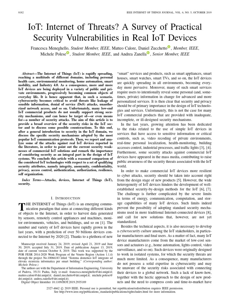 Iot: Internet of Threats? A Survey of Practical Security Vulnerabilities in Real Iot Devices ...