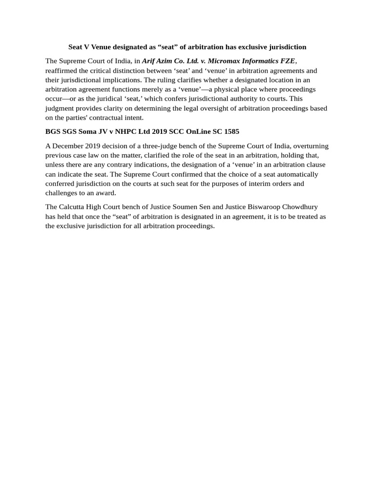 Seat vs. Venue in Arbitration Jurisdiction | PDF