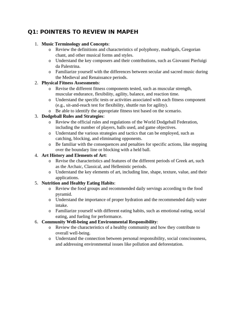 MAPEH Review: Music, Fitness, Art, Nutrition | PDF