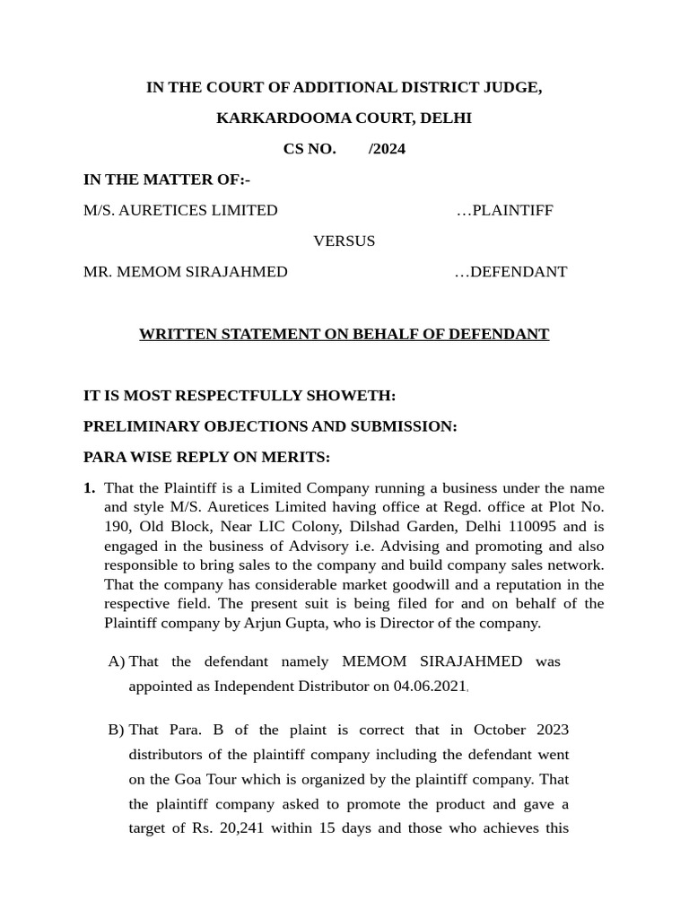 Written Statement On Behalf of Defendant Mr. Memom Sirajahmad | PDF ...