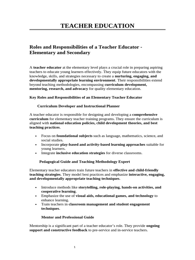 Teacher Education: Roles and Responsibilities of A Teacher Educator ...