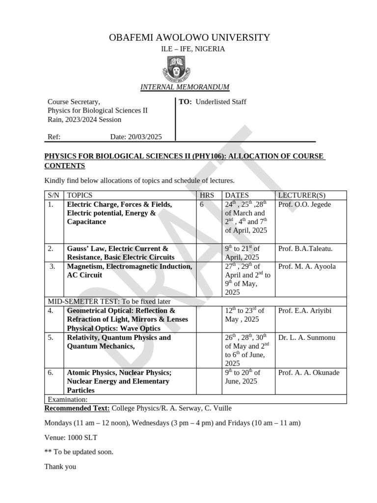 Updated Topics Allocation Memo PHY106 | PDF
