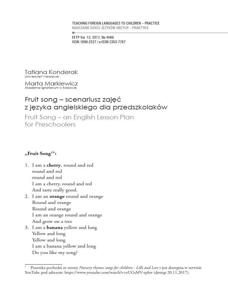 Fruit Song Scenariusz Zajęć Z Język | PDF