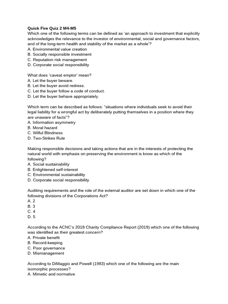 Quick Fire Quiz 2 M4-M5 | PDF | Corporate Social Responsibility | Economies