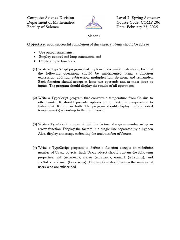 COMP 206 Sheet 1 (TS) | PDF