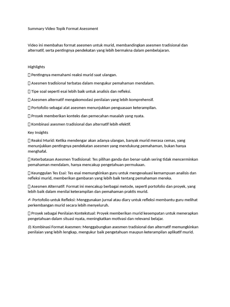 Summary Video Topik Format Asessment | PDF