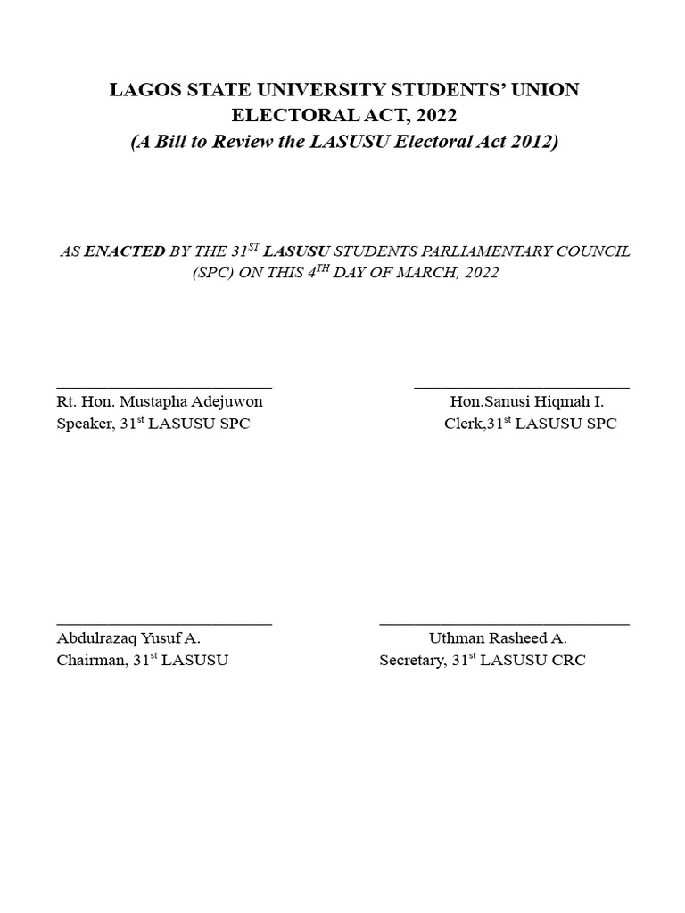 Lasusu Electoral Act 2022 | PDF | Voting | Elections