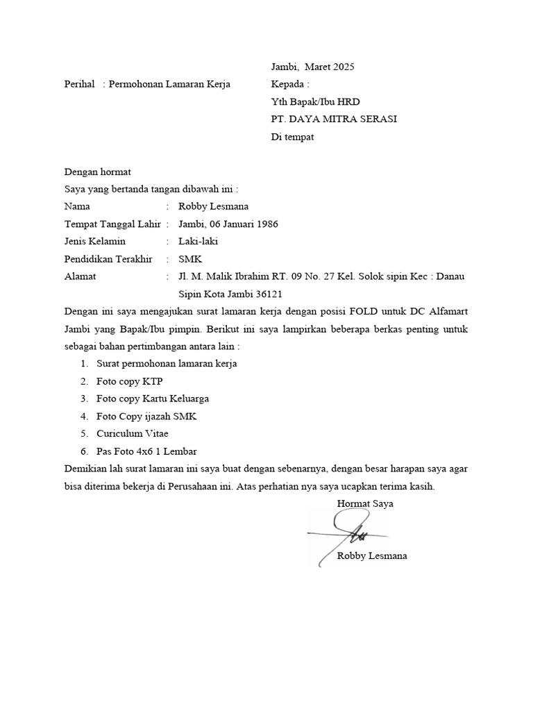 Surat Lamaran Kerja Robby Lesmana | PDF