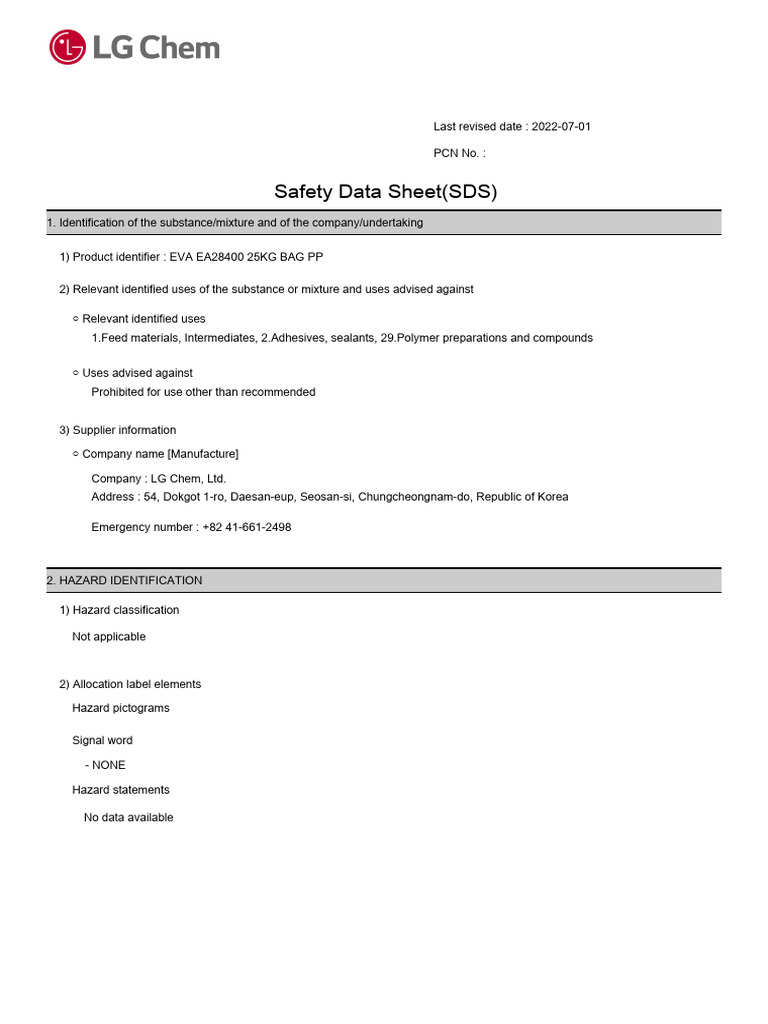 LG Chem EVA EA28400 Safety Data Sheet | PDF | Personal Protective ...