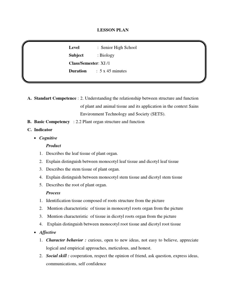 Lesson Plan Organ Plant | PDF | Plant Stem | Tissue (Biology)