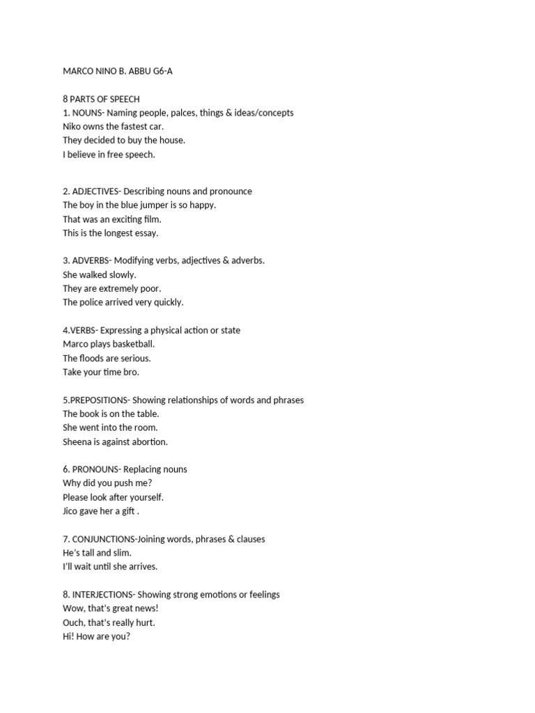 8 Parts of Speech | PDF