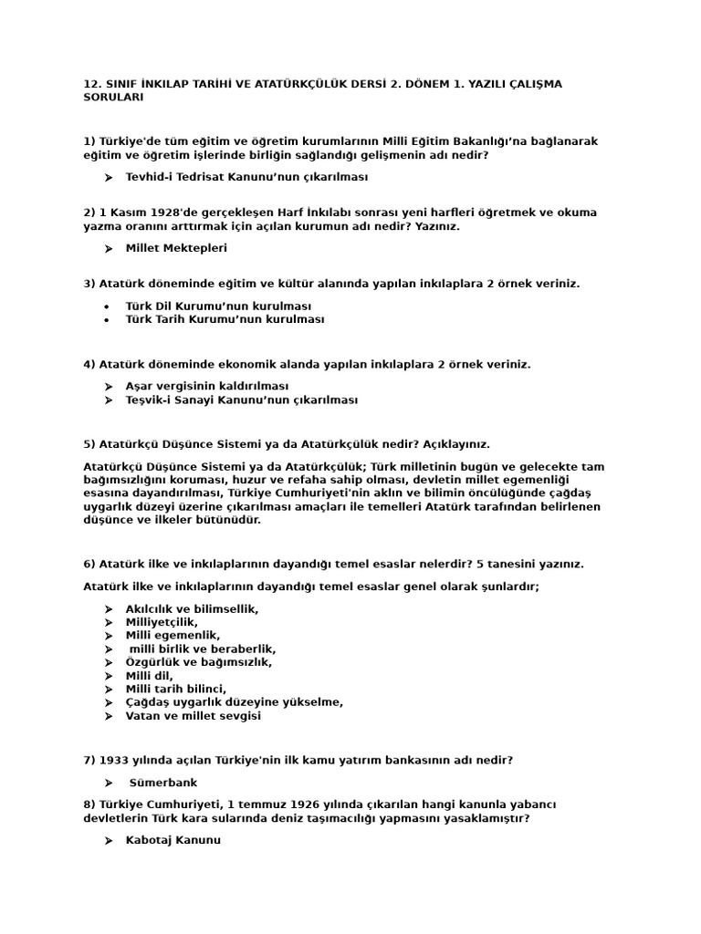 i̇nkilap Tari̇hi̇ 2. 1. Sinav Sorulari 2025 | PDF